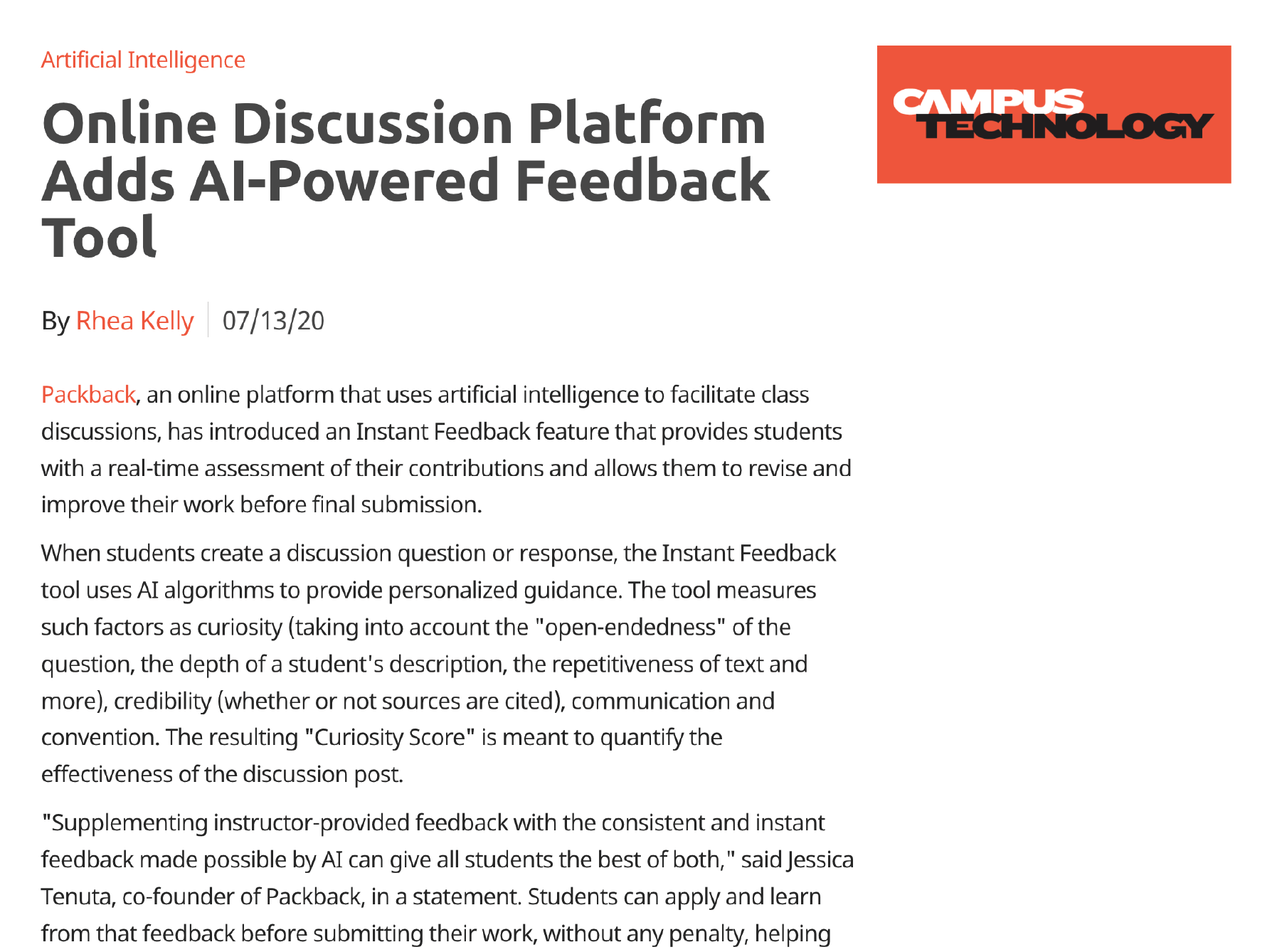 Campus Technology highlighted Packback's new "Instant Feedback" feature ...